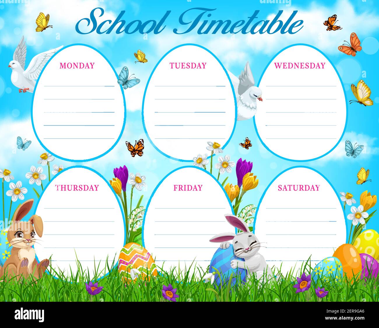 Easter egg hunt school timetable or education schedule vector template. Weekly study plan ...