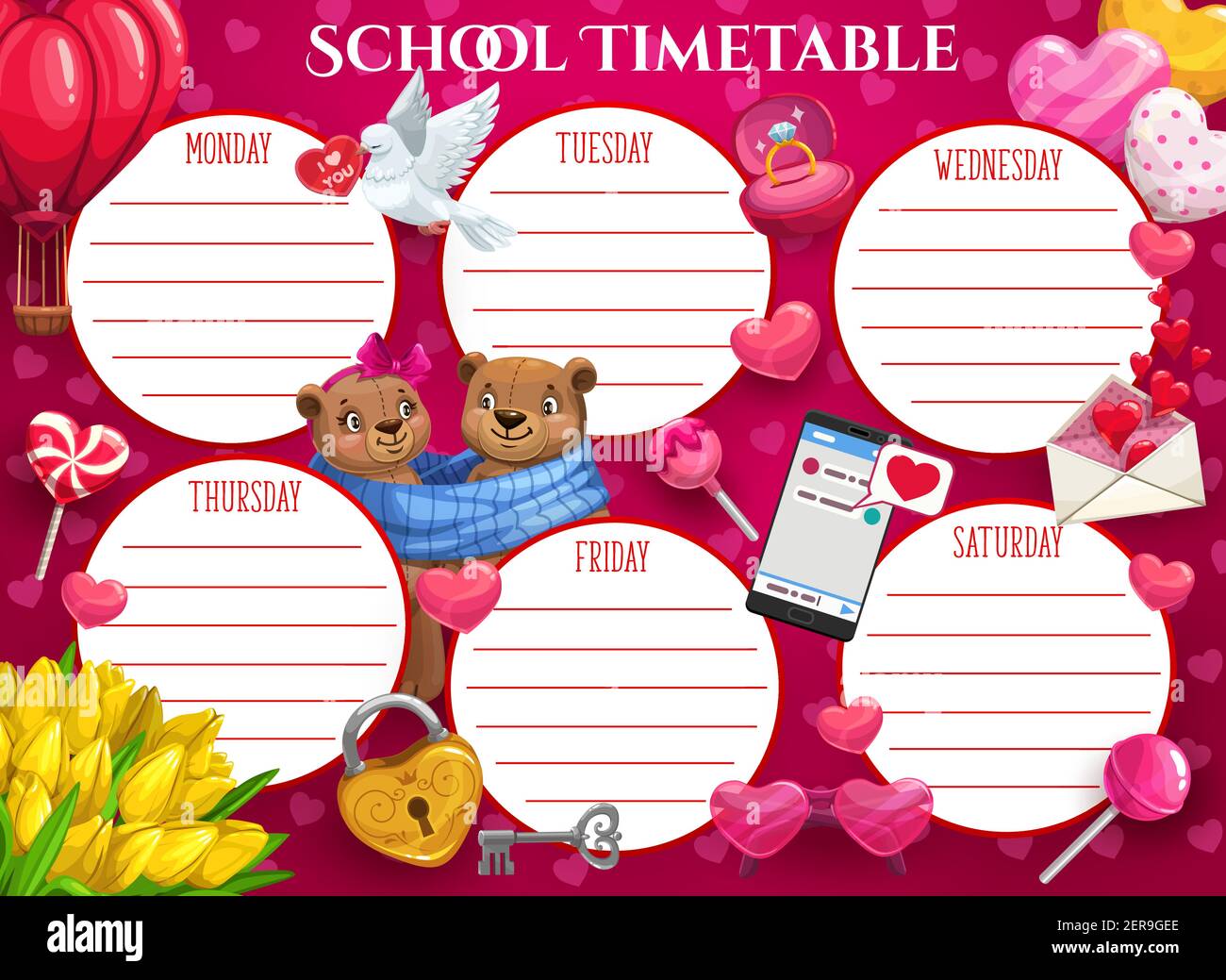 Saint Valentine holiday kids school timetable template. Child education ...