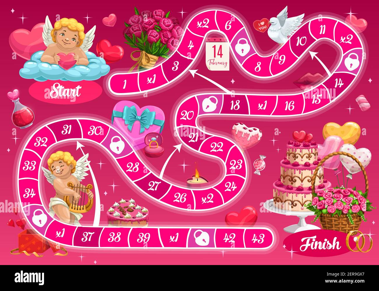 Kids step board game, vector Valentine day boardgame with block path ...