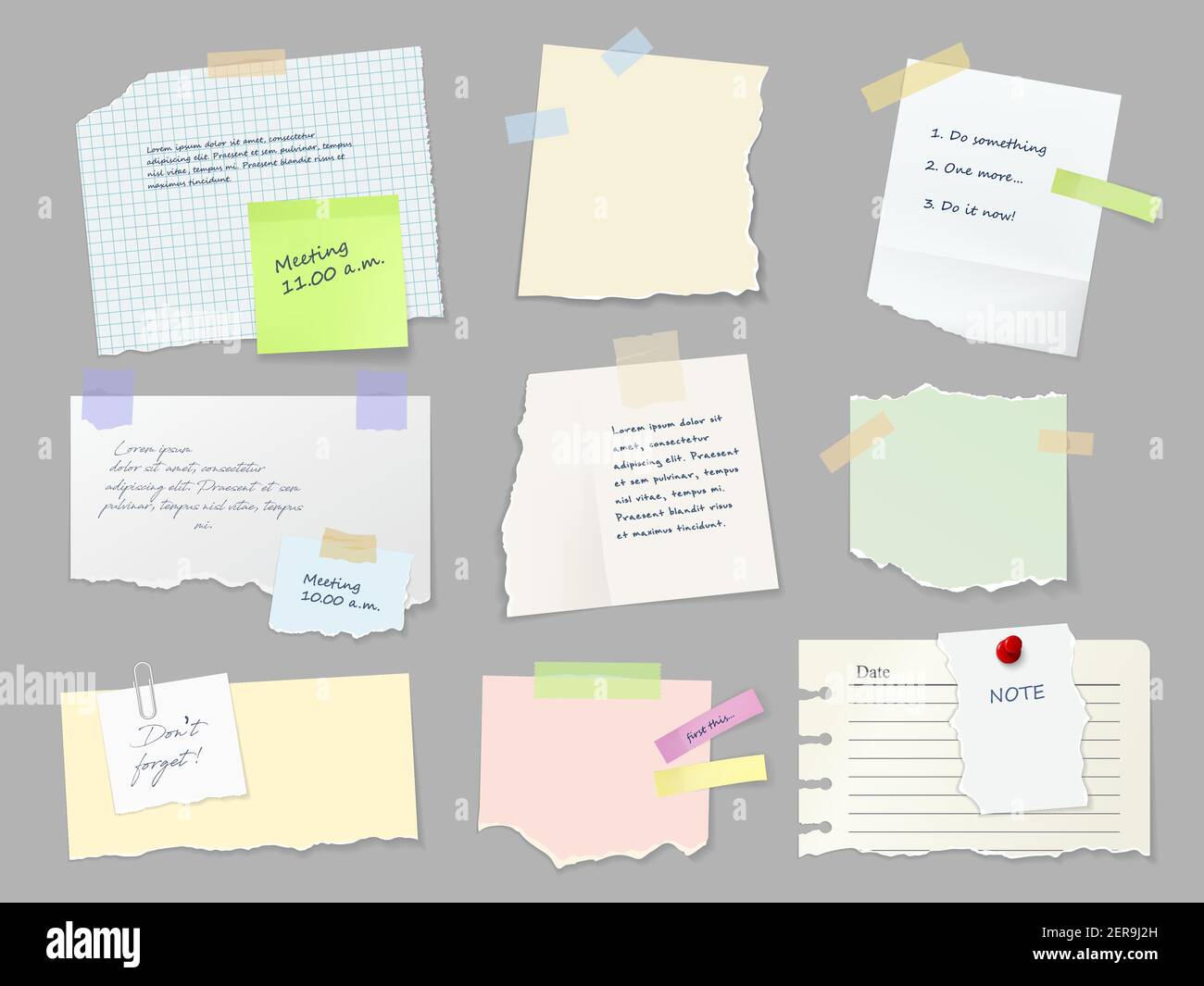 Notes paper sheets attached with adhesive tape. Meeting reminder, to-do ...