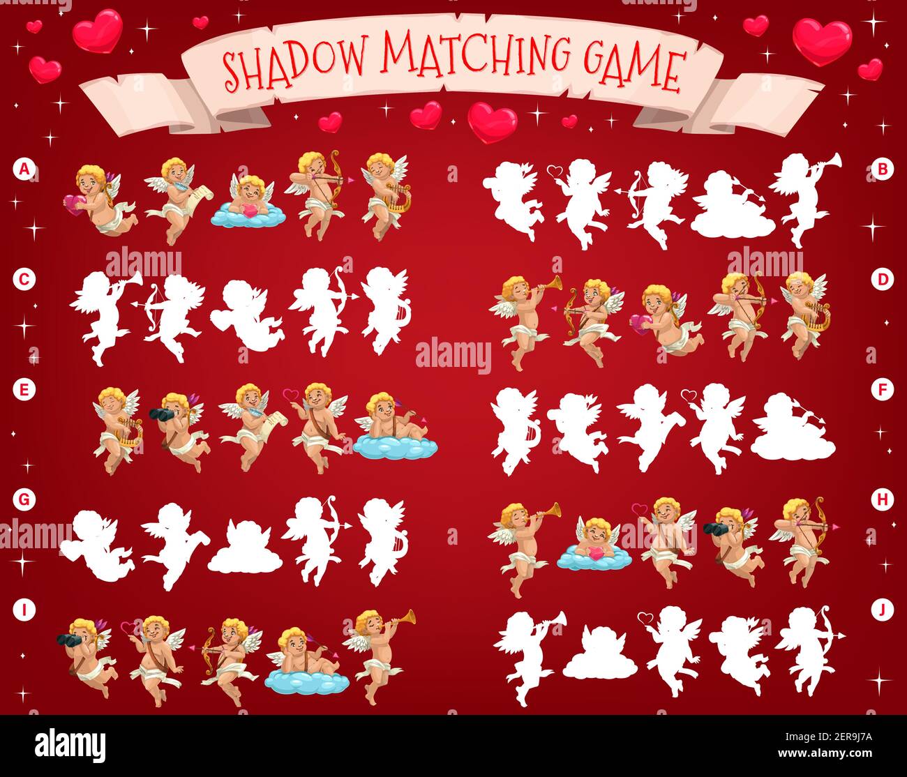 Saint Valentine day holiday shadow matching puzzle for kids with cupids ...