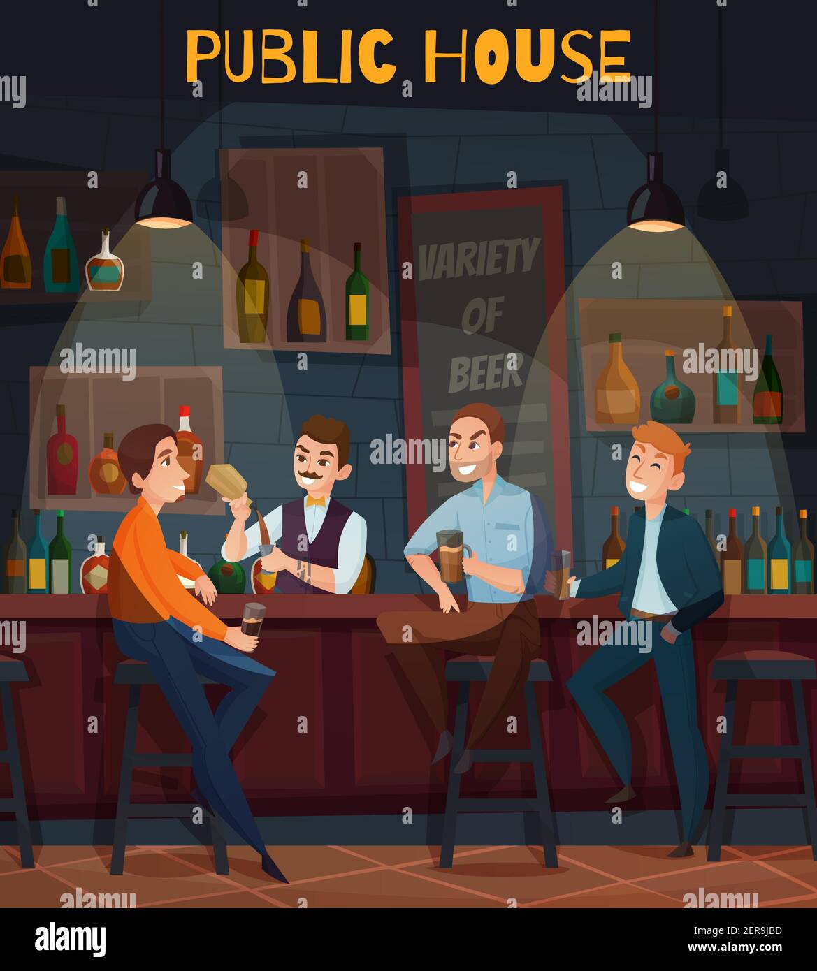 Colored restaurant pub visitors composition or flyer with public house ...