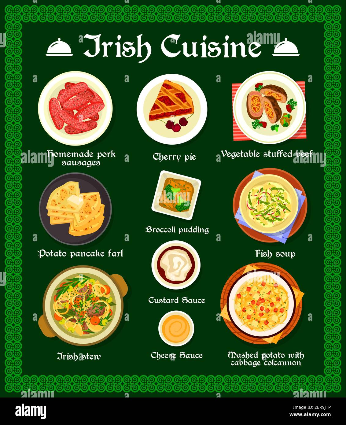 Irish cuisine vector menu homemade pork sausages, cherry pie, vegetable ...