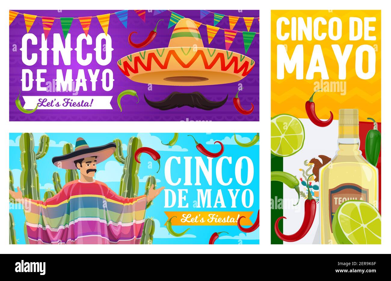 Cinco de Mayo vector banners. Mexican sombrero with mustaches, national ...