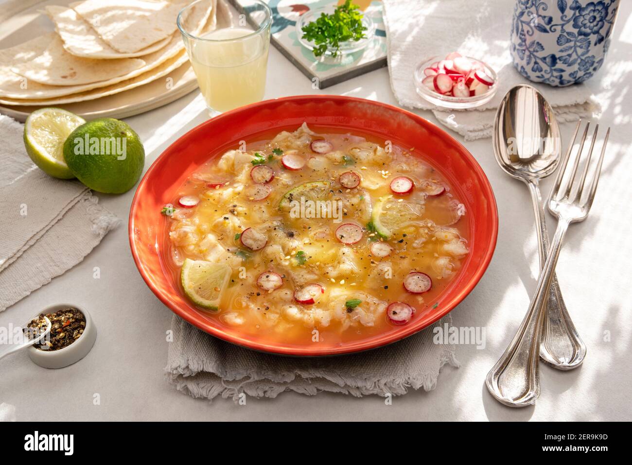 Close-up of a Peruvian ceviche with pieces of fish and lemon Stock ...