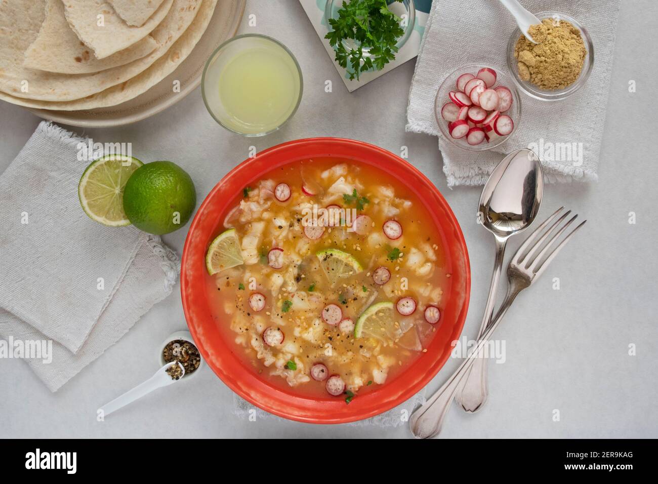 Close-up of a Peruvian ceviche with pieces of fish and lemon Stock ...