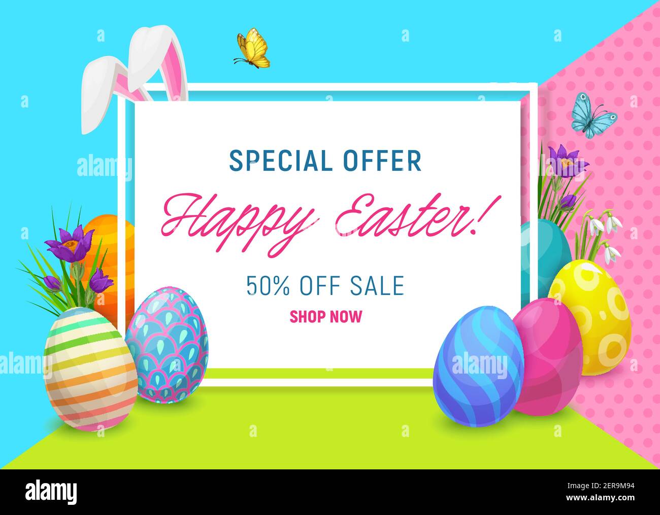 Easter sale offer poster with vector eggs and bunny or rabbit ears ...