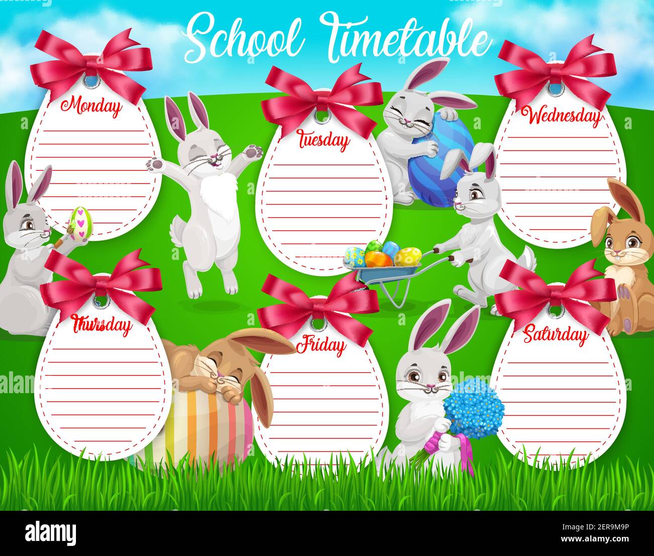 Education school timetable vector template with cartoon Easter bunnies ...