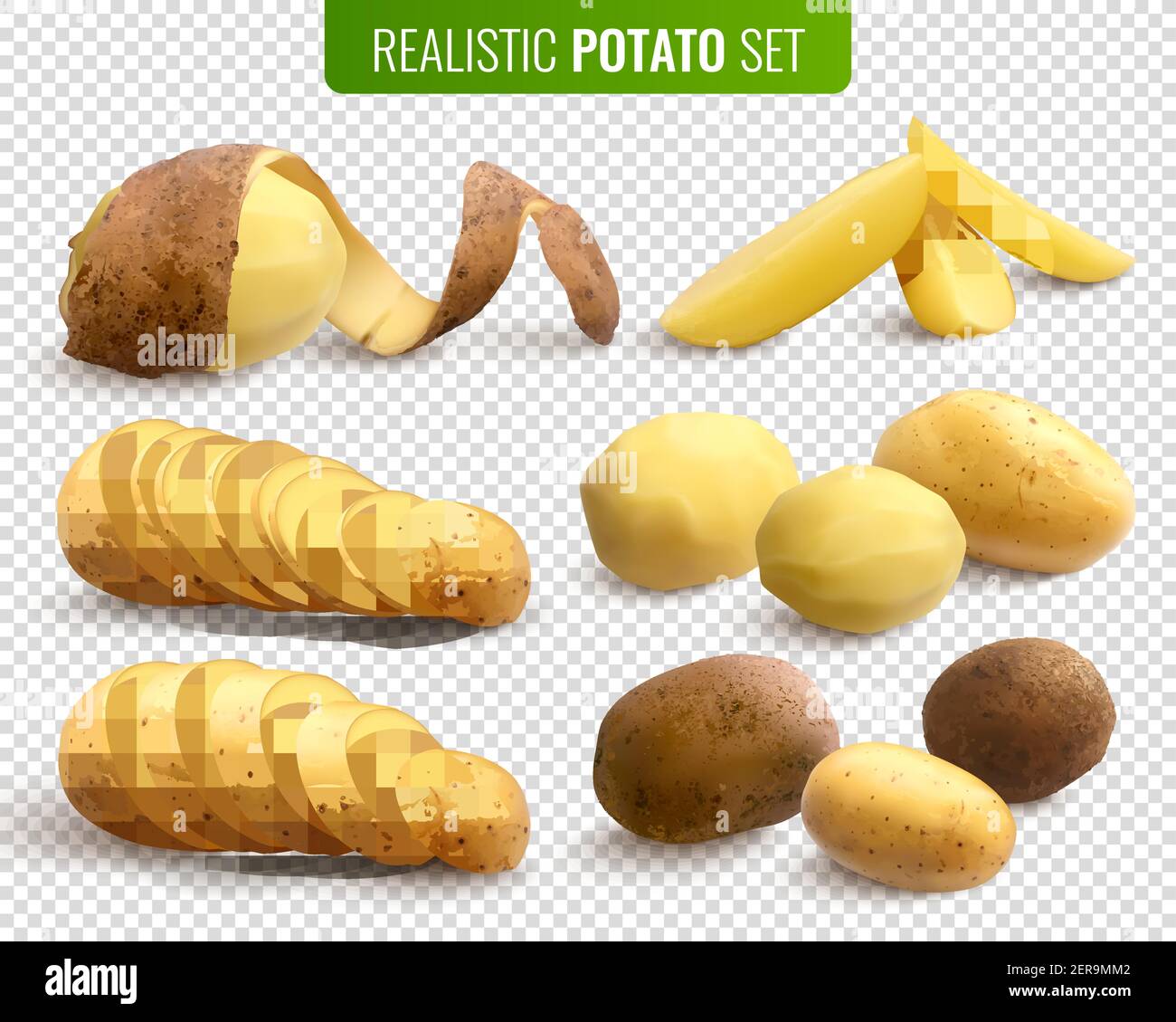 Raw potatoes set on transparent background with whole root crops and ...