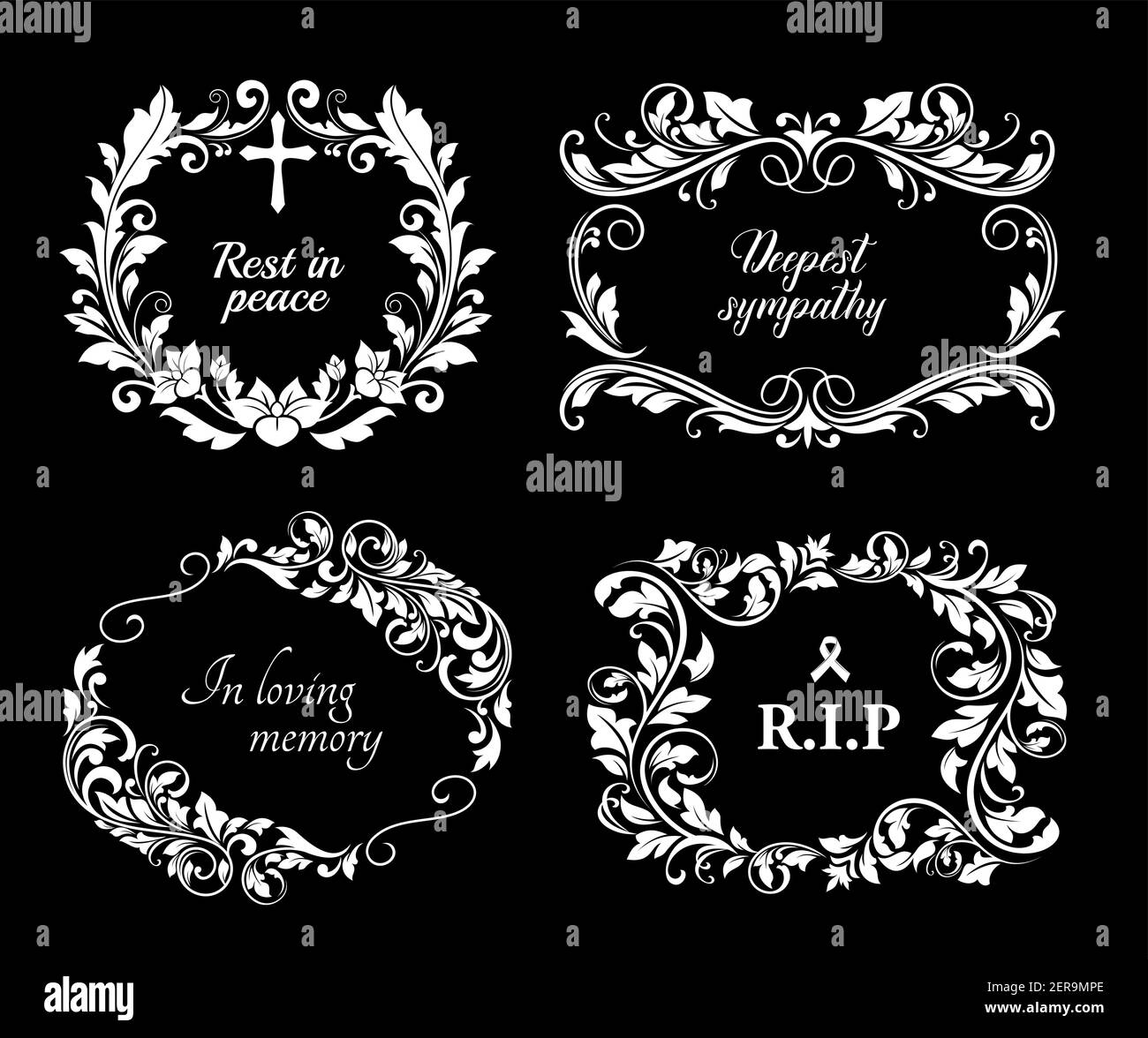 Funeral vector cards with flourish wreaths, crosses, ribbon and ...