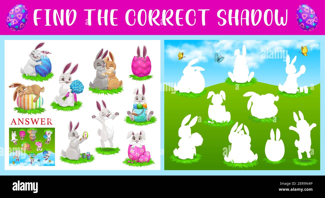 Shadow match kids game with Easter rabbits and painted eggs. Find ...