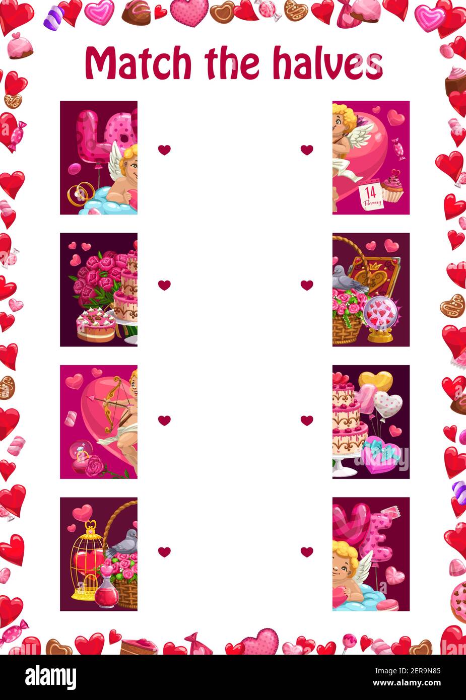 Match the halves kids education puzzle with Valentines day items and ...