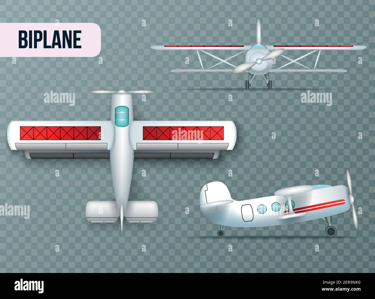 Biplane aircraft two wings airplane top side and front view realistic ...