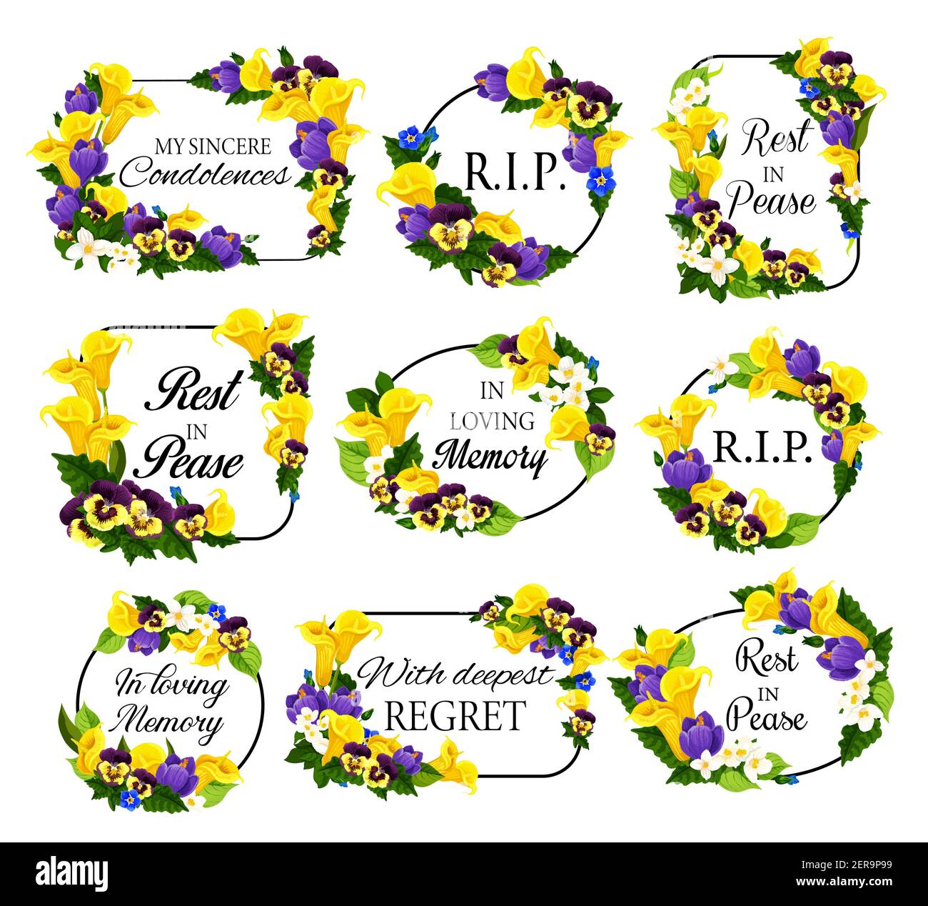 Funerary frame with spring flowers. Funeral card decoration with calla ...