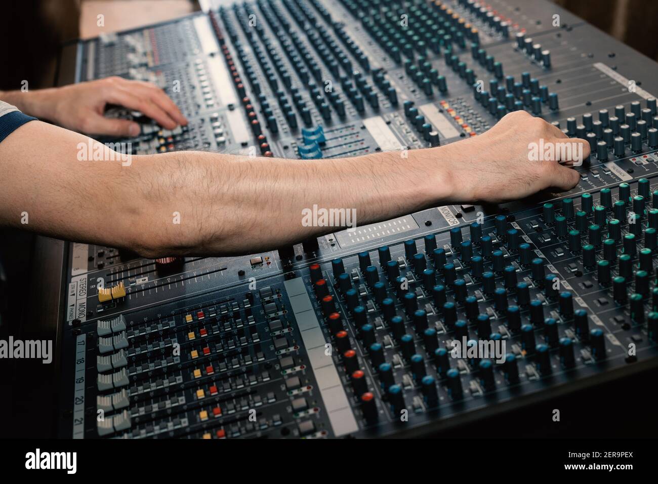 Professional analogue audio mixing console, sound producer works Stock ...