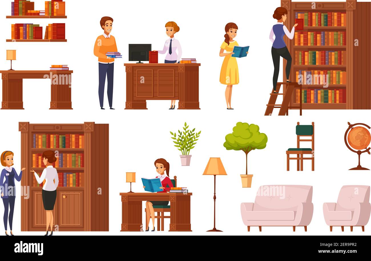 Public library flat orthogonal elements collection with bookshelves ...