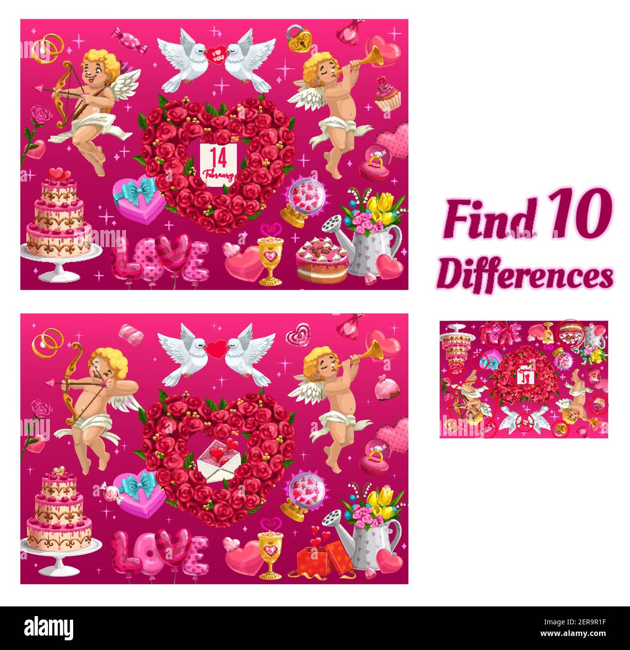 Kids game find ten differences. Vector riddle with Valentine day items ...