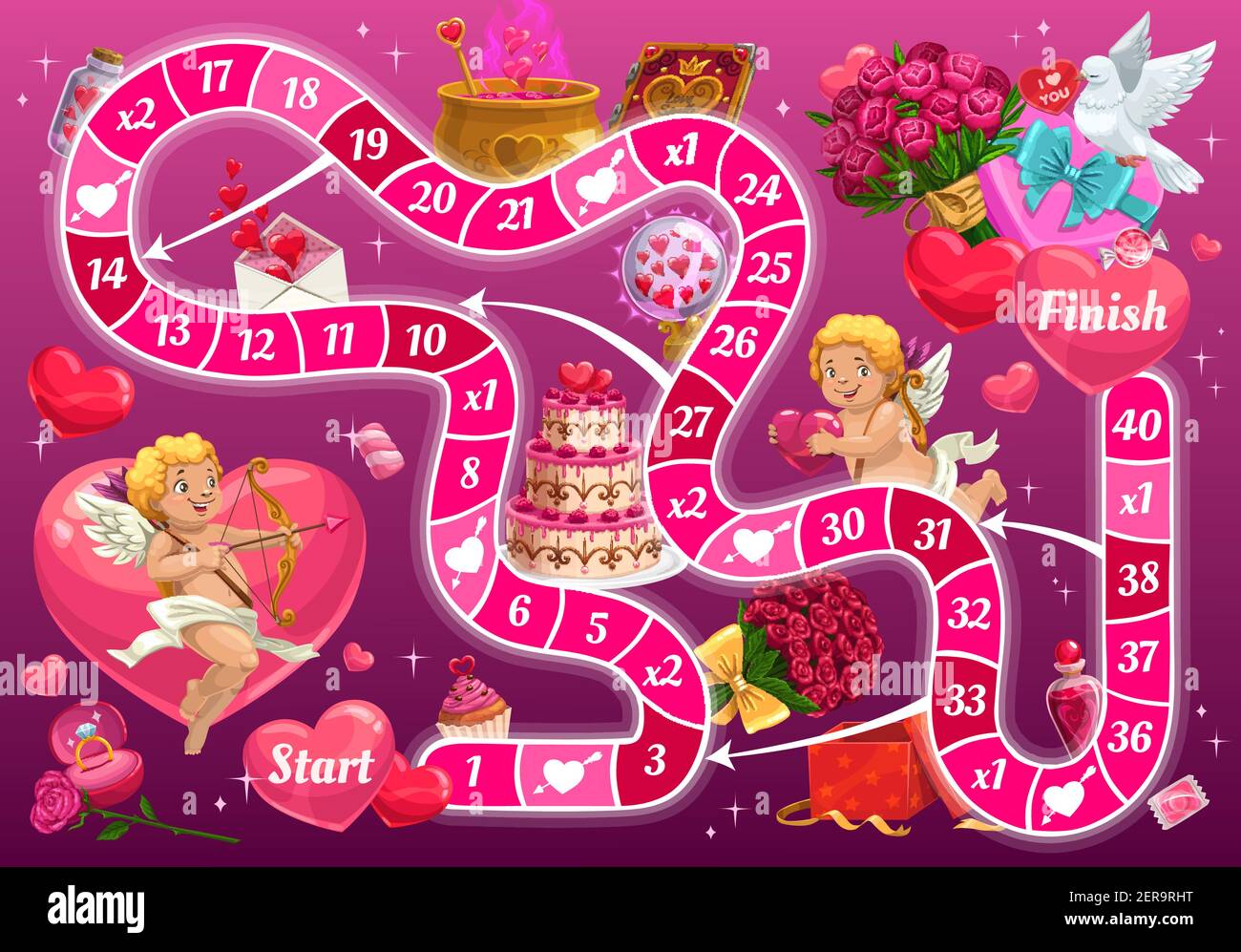 Kids step board game, vector Valentines day boardgame with cartoon ...