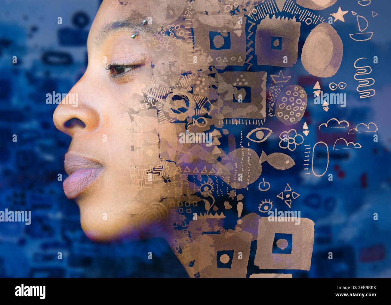 A portrait combined with modern primitive art on blue background Stock ...