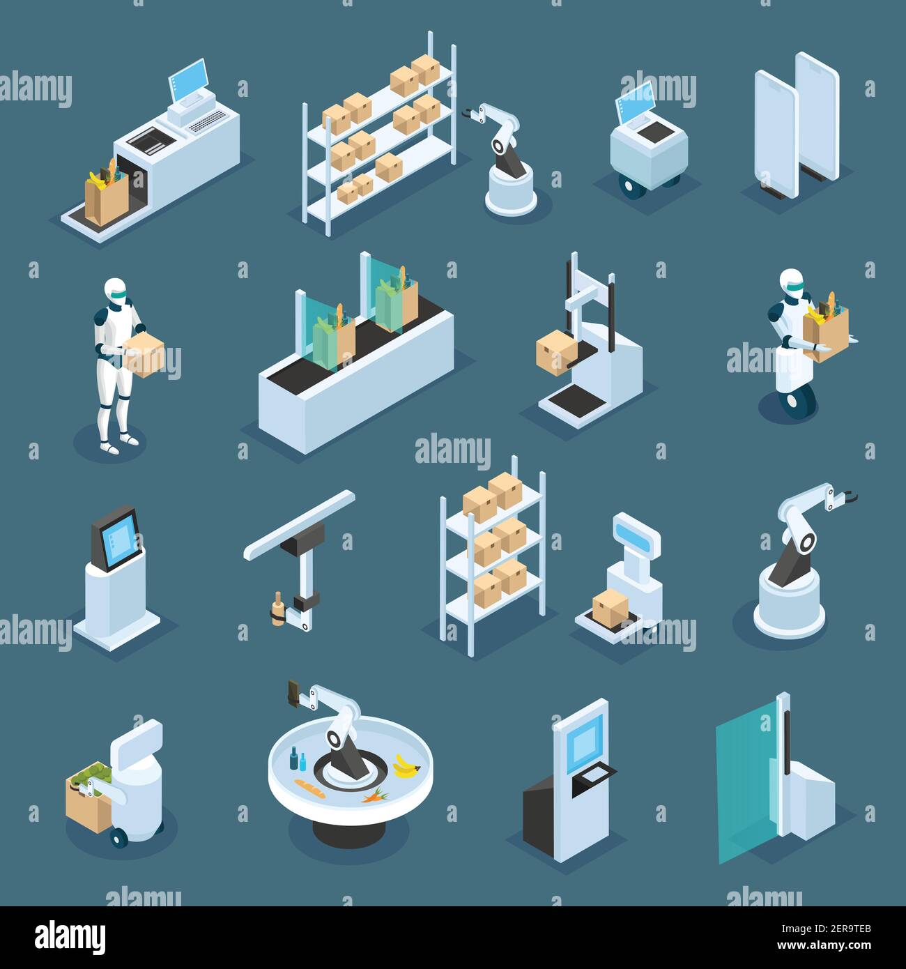 Automated shops with machinery and robots for various operations ...