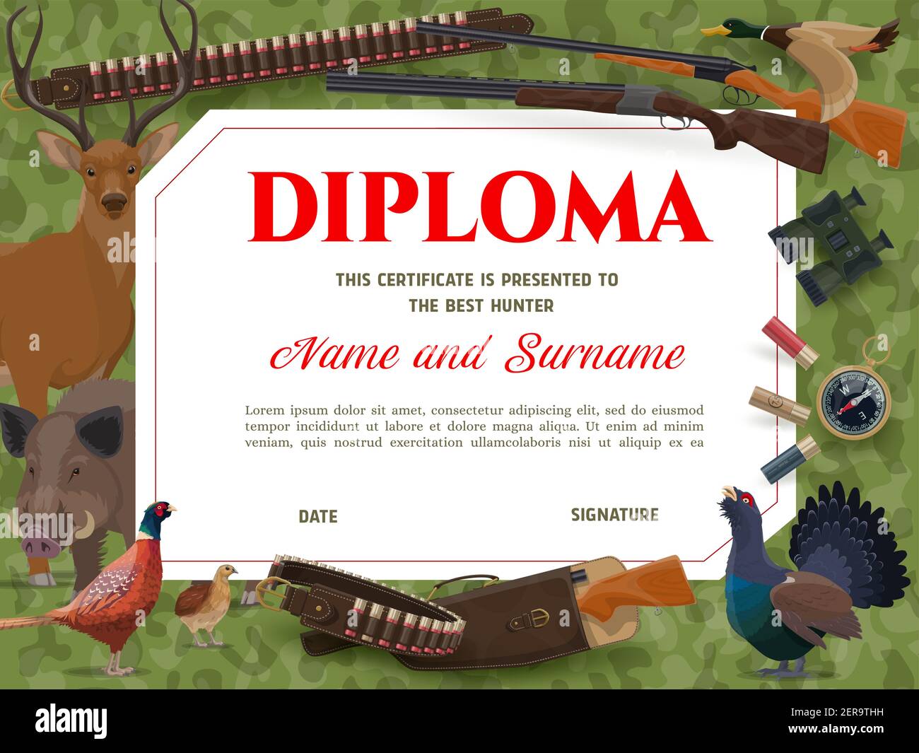 Diploma with wild animals and hunting ammo and weapon. Vector ...