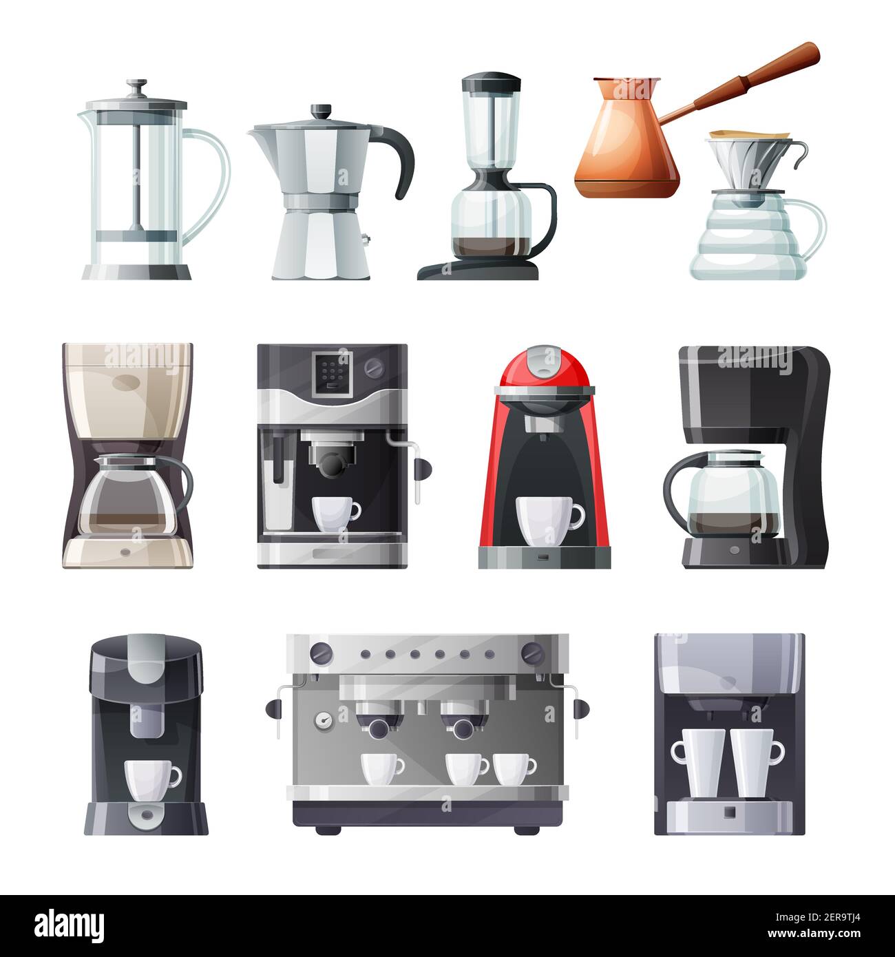 Coffee maker and machine vector icons set. Cartoon coffee pot and ...