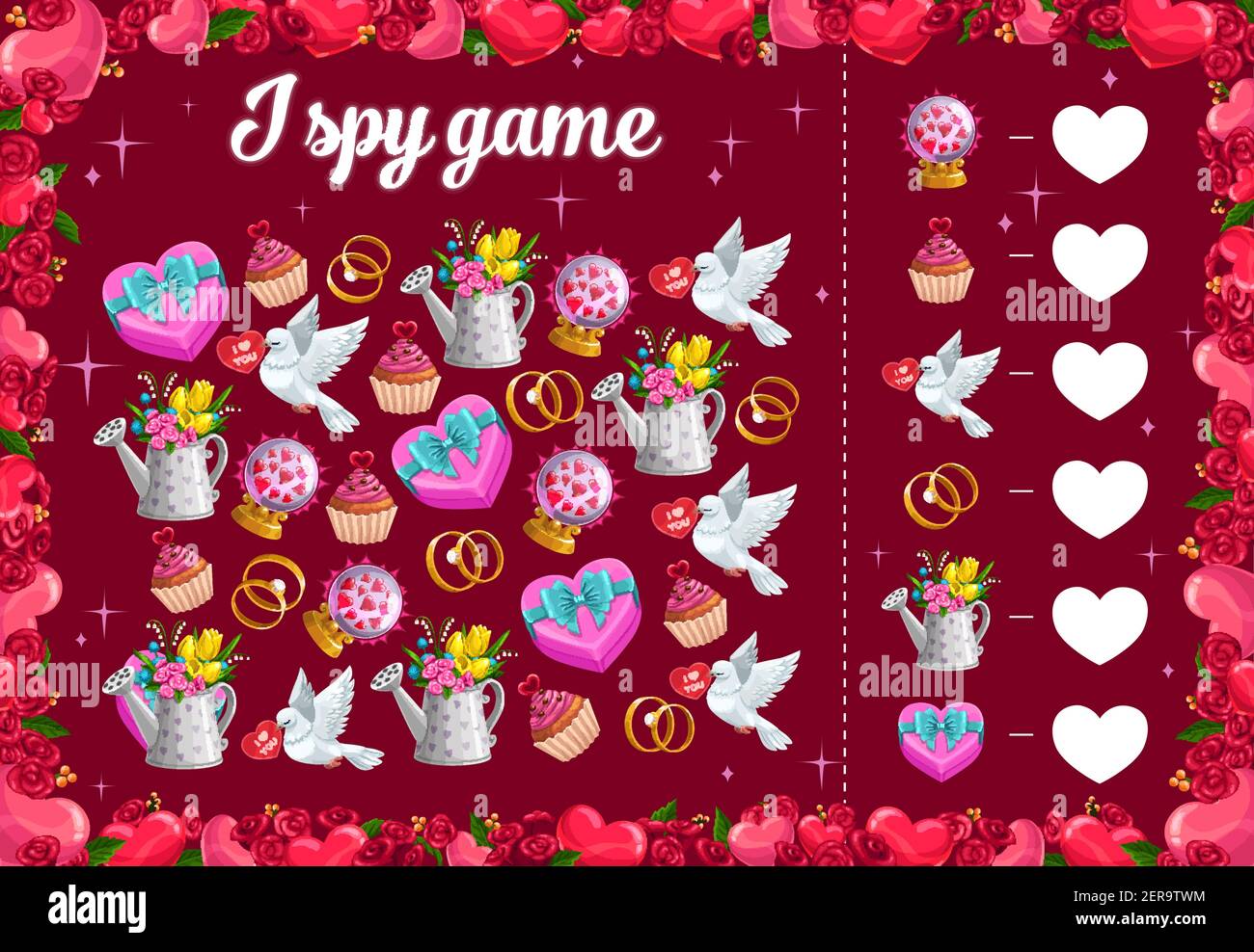 I spy kids game with Valentines day items, vector educational puzzle ...