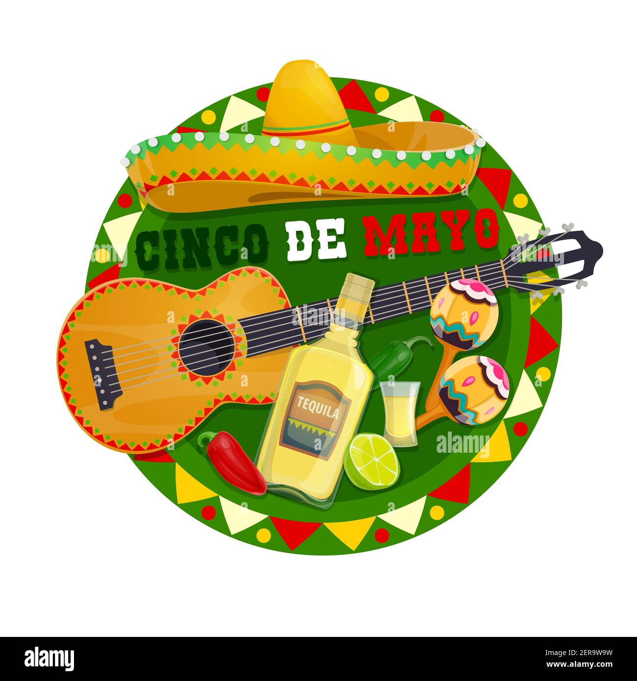 Cinco de Mayo round vector icon with traditional mexican symbols ...