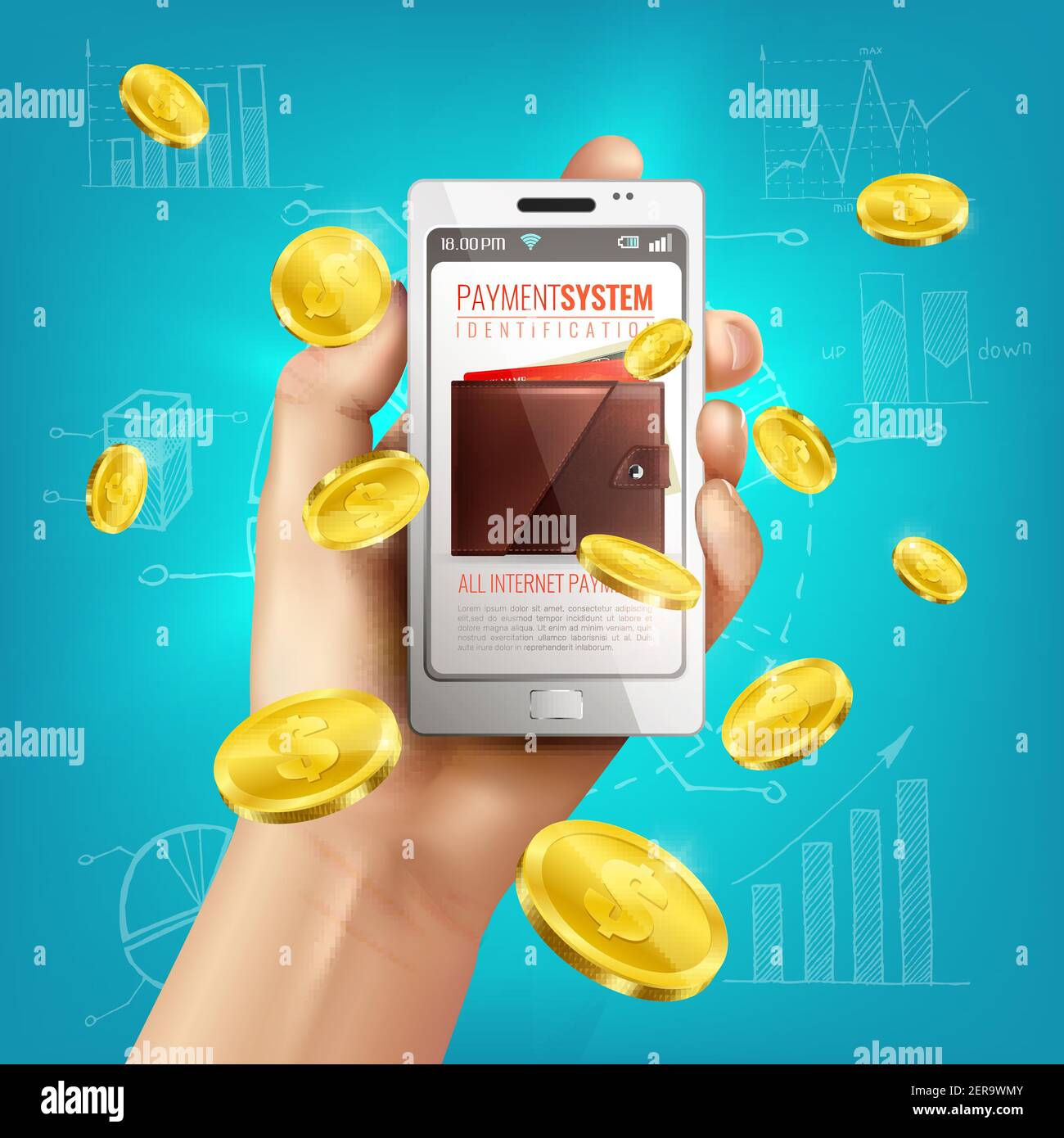 Realistic wallet conceptual composition with smartphone in human hand ...