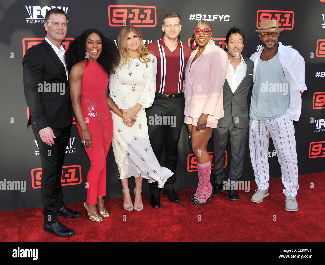 (L-R) "9-1-1" Casst - Peter Krause, Angela Bassett, Connie Britton ...