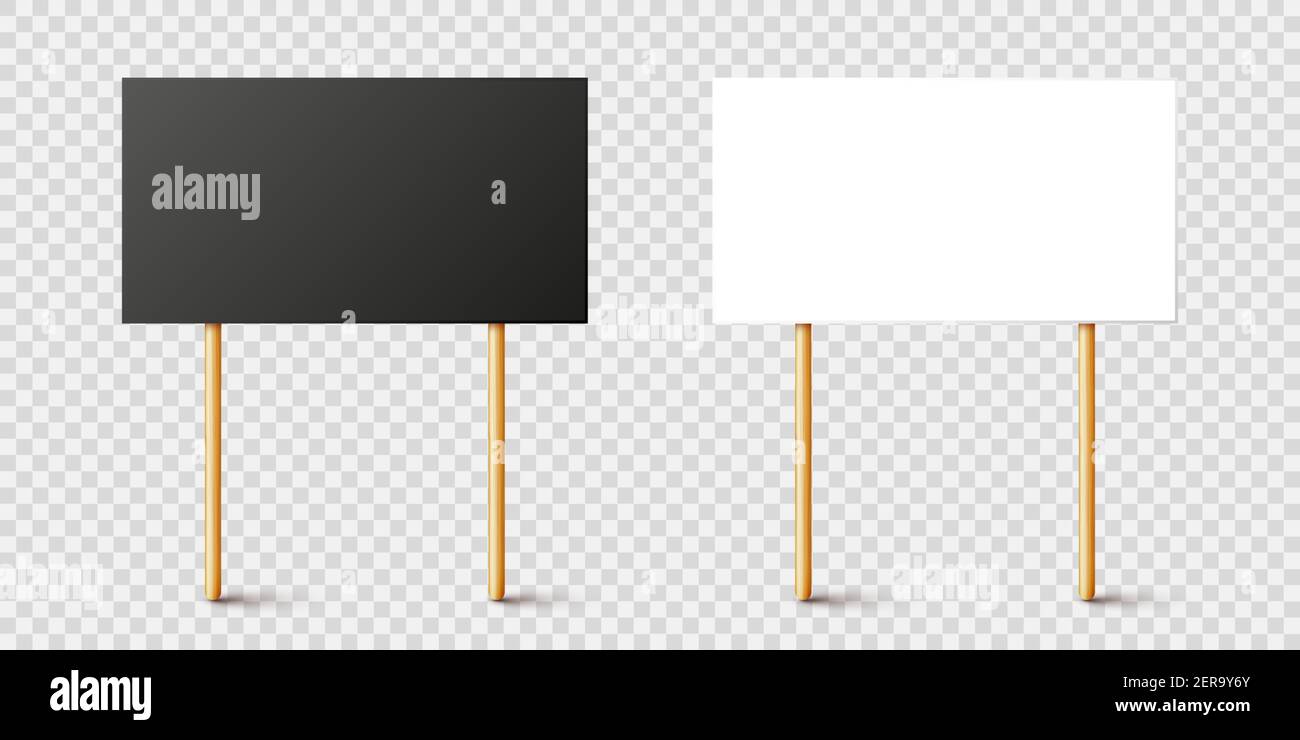 Blank black and white protest signs with wooden holder. Realistic ...