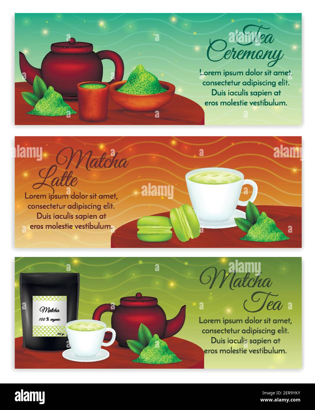 Matcha latte tea ceremony accessories 3 horizontal realistic banners ...