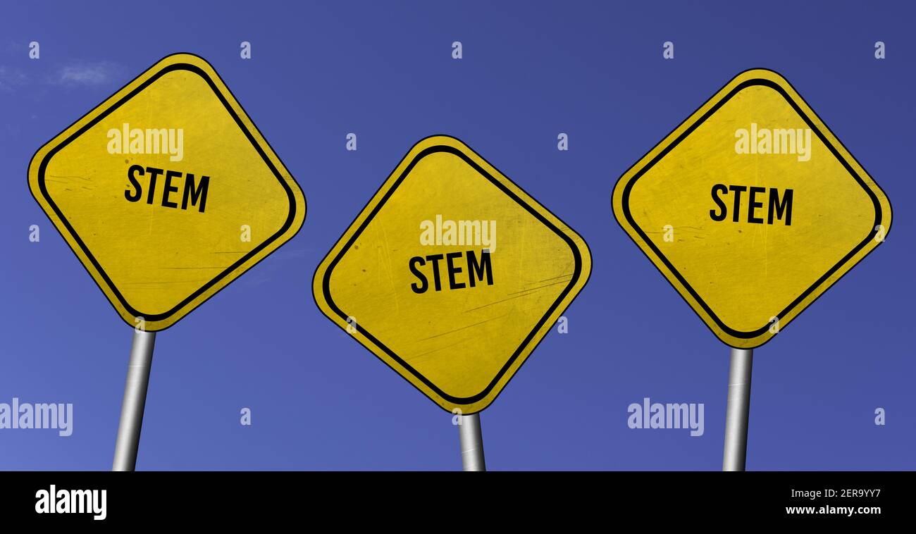 Stem - three yellow signs with blue sky background Stock Photo - Alamy