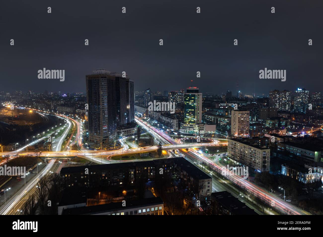 Aerial panoramic drone above roof view of Kiev night traffic road ...
