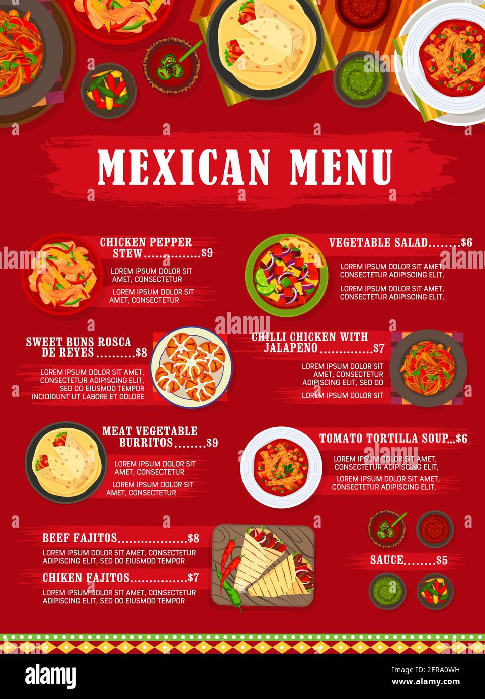 Mexican food vector menu template sweet buns rosca de reyes, vegetable ...