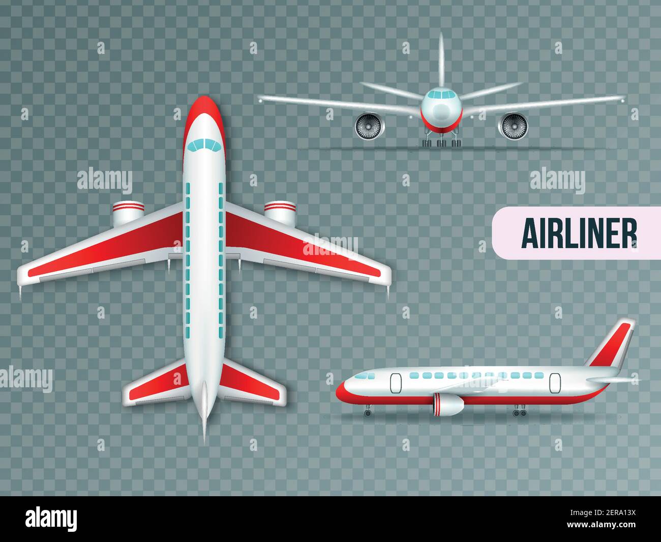 Wide body large civil jet airliner top front and side views realistic ...