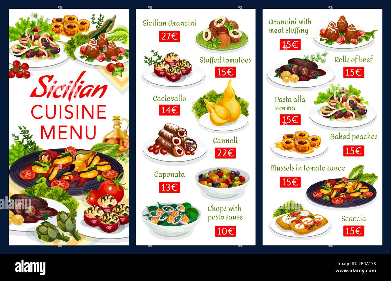 Sicilian restaurant menu with vector dishes of Italian cuisine ...