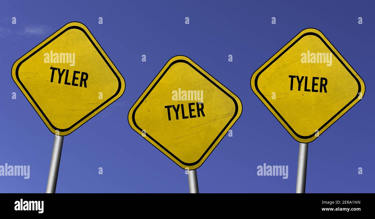 Tyler - three yellow signs with blue sky background Stock Photo - Alamy