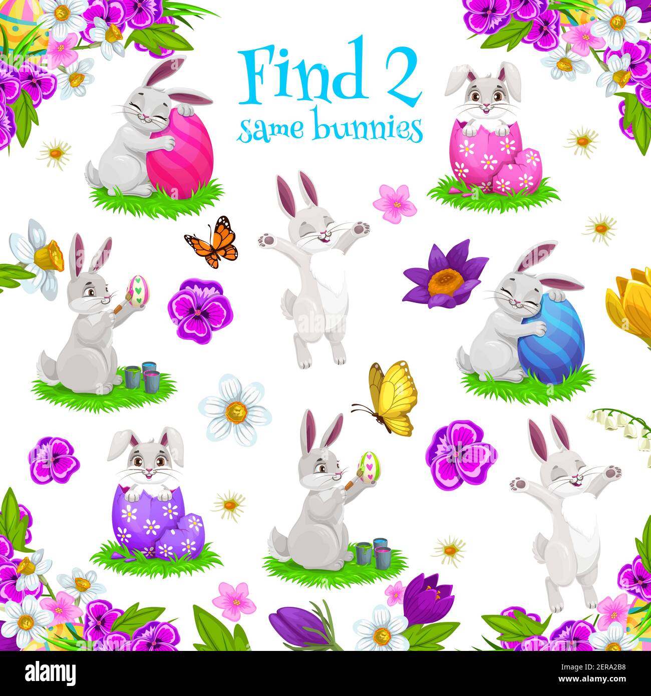 Kids game find two same bunnies. Vector puzzle with cute cartoon Easter ...