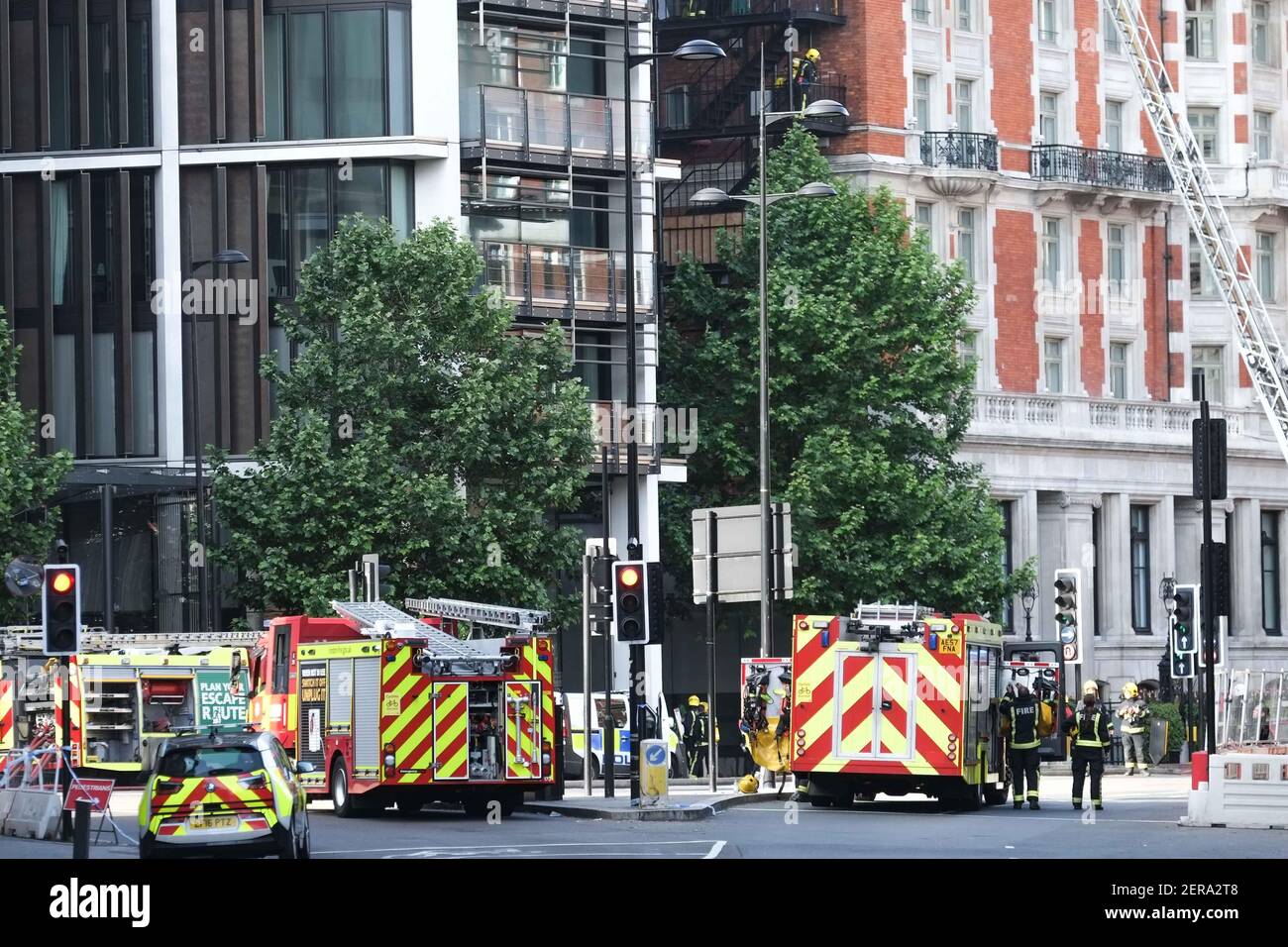 London Fire Brigade attend to a fire in the Mandarin Oriental Hotel in ...