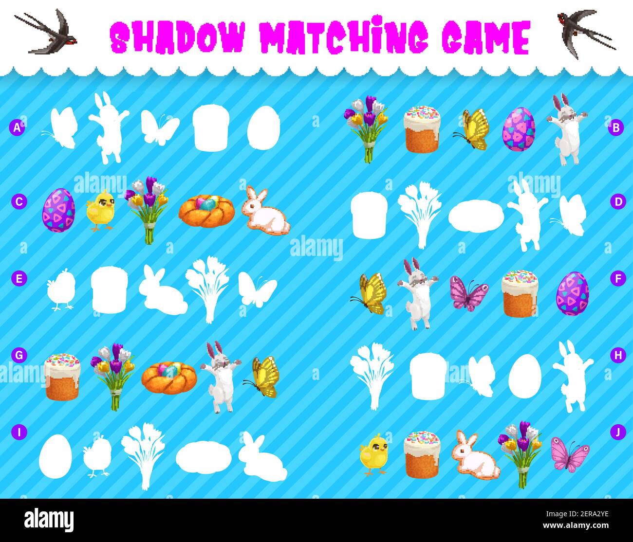 Shadow matching kids game with Easter rabbits, chicks, flowers, bakery ...