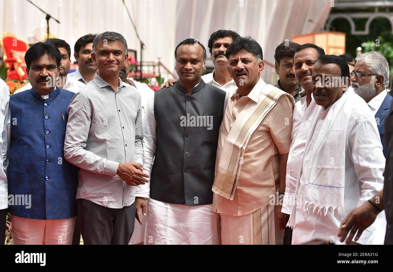 BENGALURU, INDIA - JUNE 6: Congress leader D K Shivkumar, with the new cabinet ministers Priyank ...