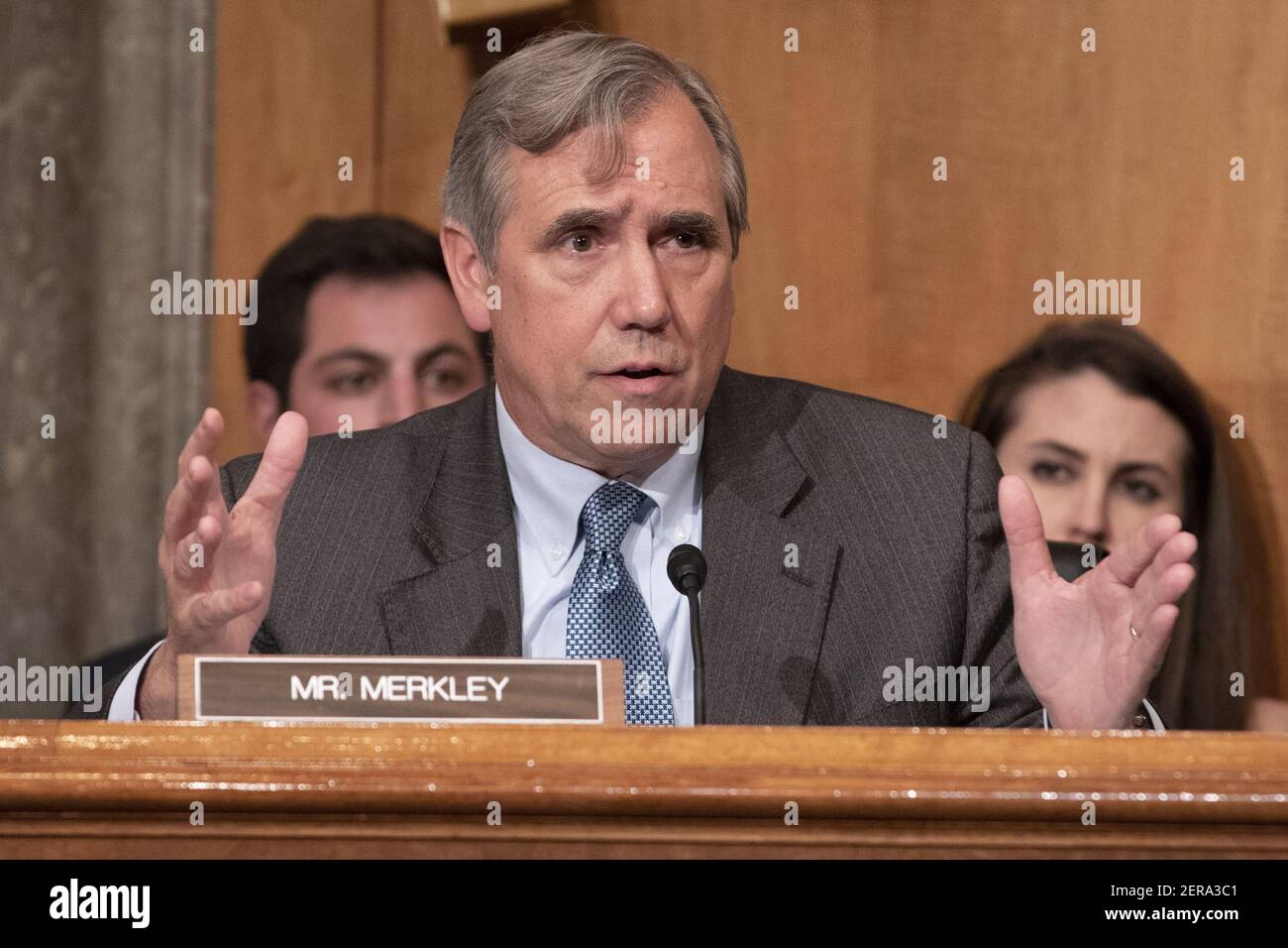 United States Senator Jeff Merkley, Democrat of Oregon, asks a witness ...