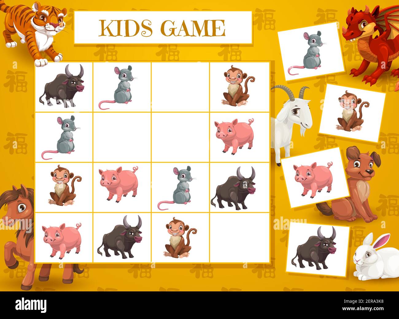 New Year crossword game for kids with Chinese zodiac animals. Children ...