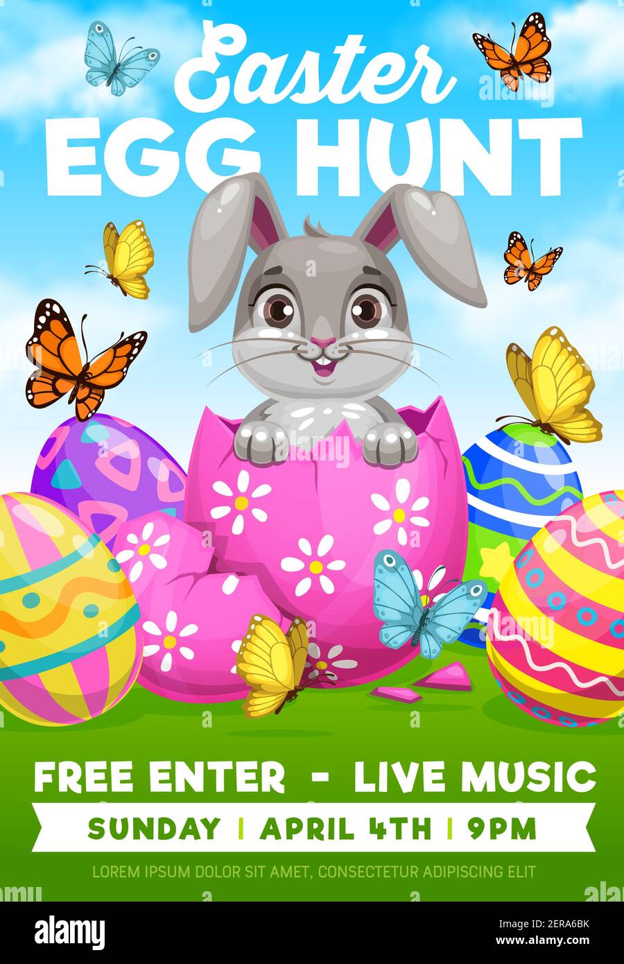 Easter egg hunt bunny vector flyer of religion holiday party. Cartoon ...