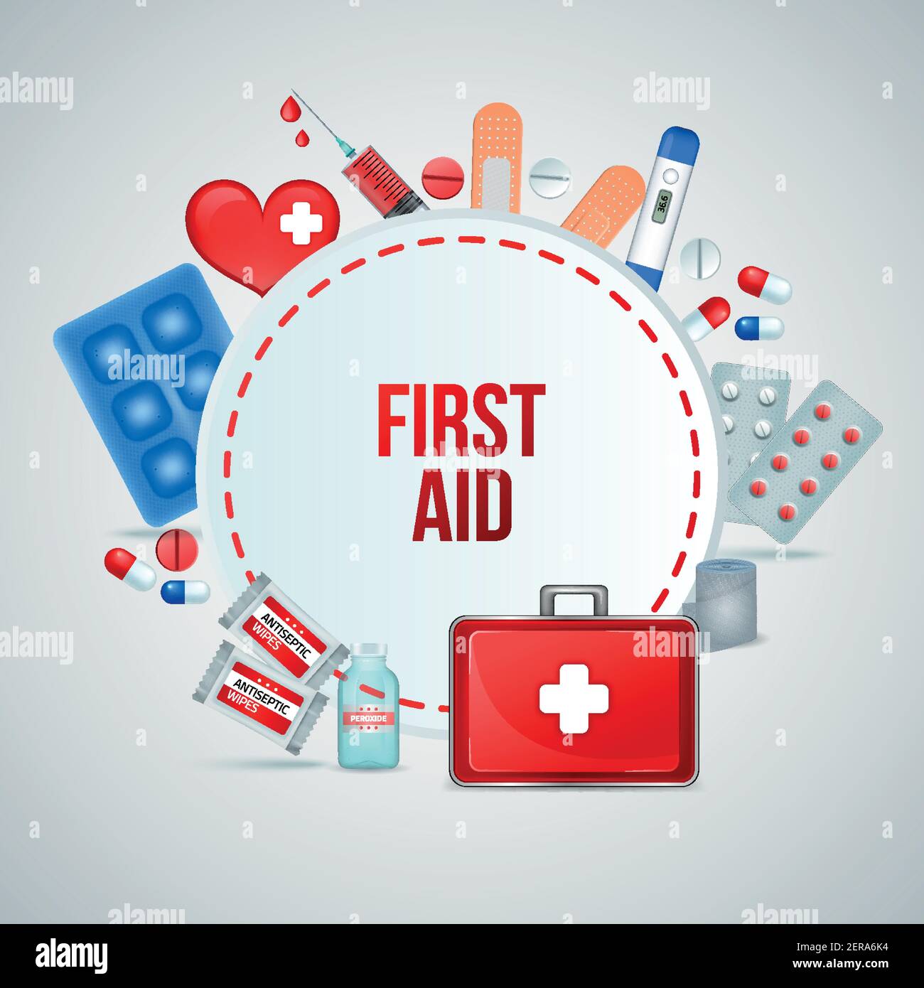 First aid kit realistic circular frame composition of medical emergency ...