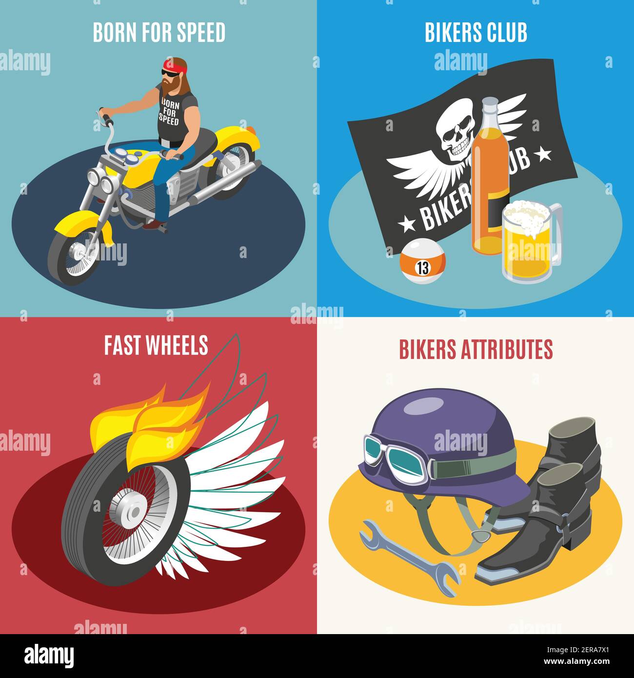 Bikers isometric 2x2 design concept with four conceptual compositions ...