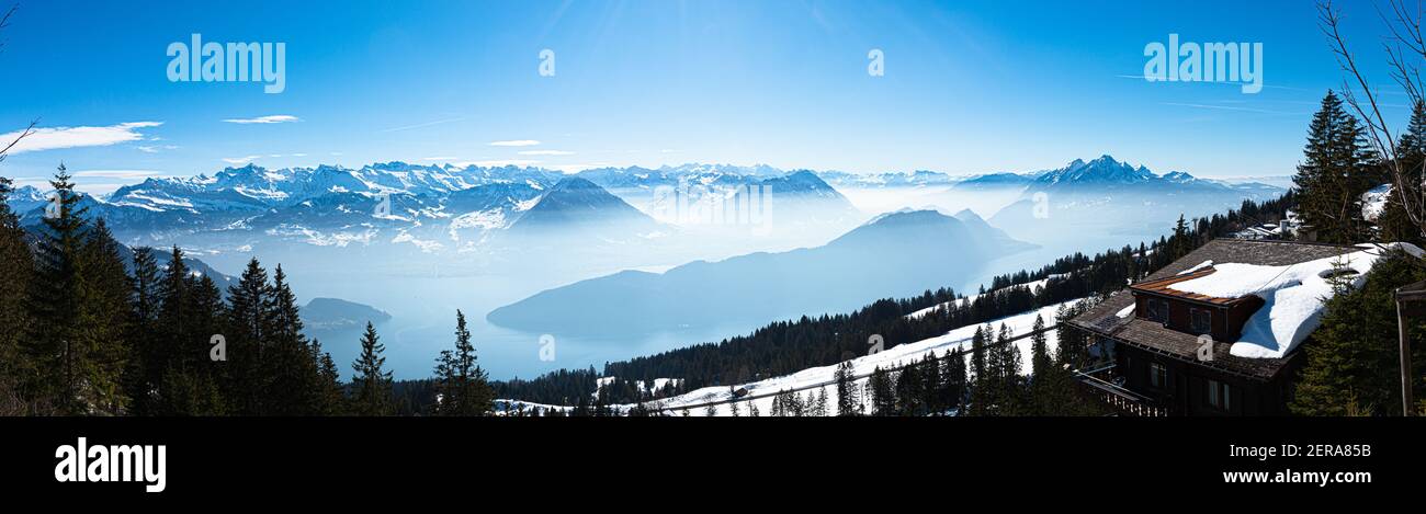 Unique panoramic alpine skyline aerial landscape view of misty iced ...