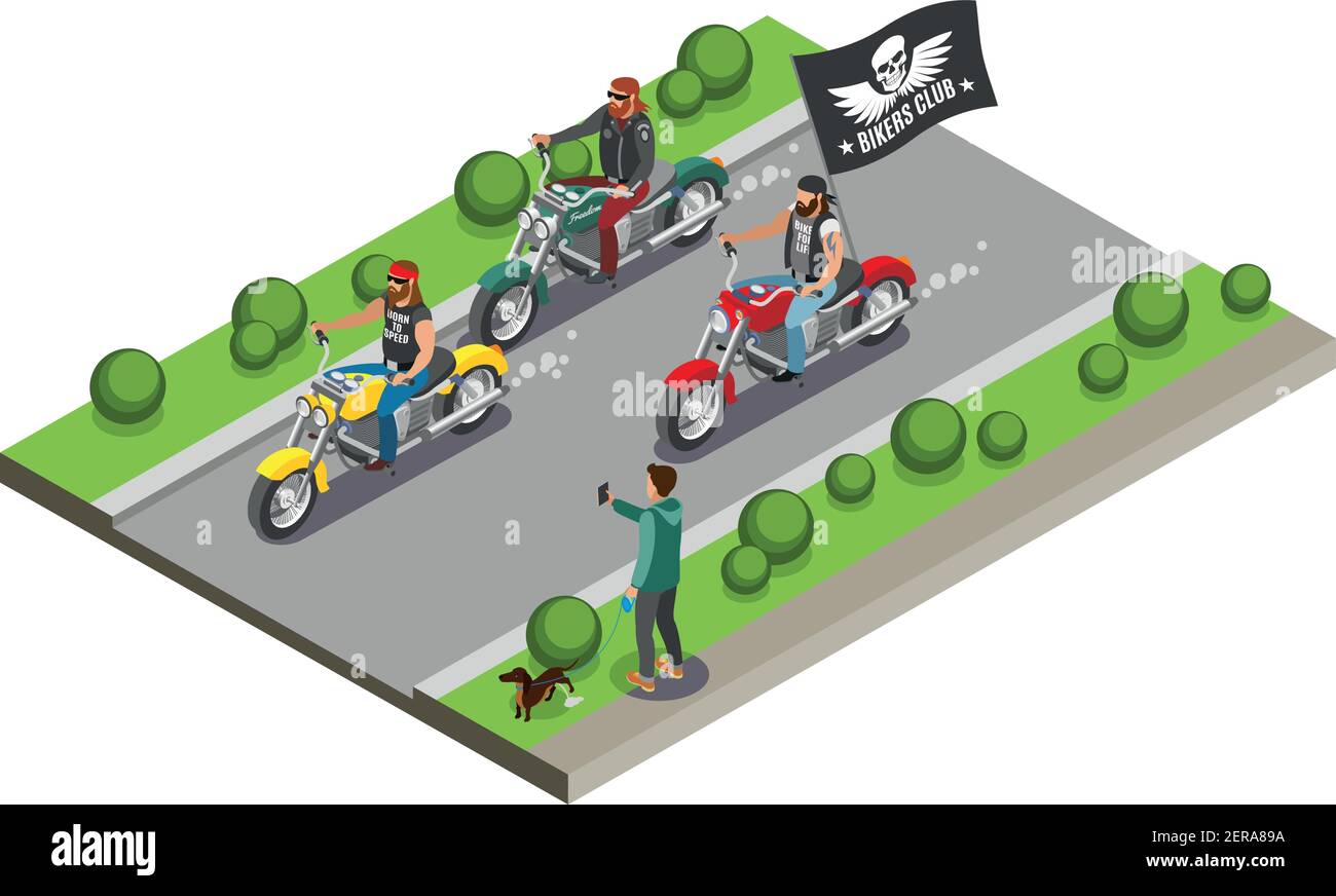 Bikers isometric composition with view of street motorway and three ...