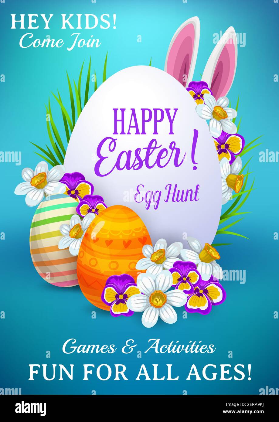 Easter holiday vector flyer with cute cartoon rabbit ears, green grass ...